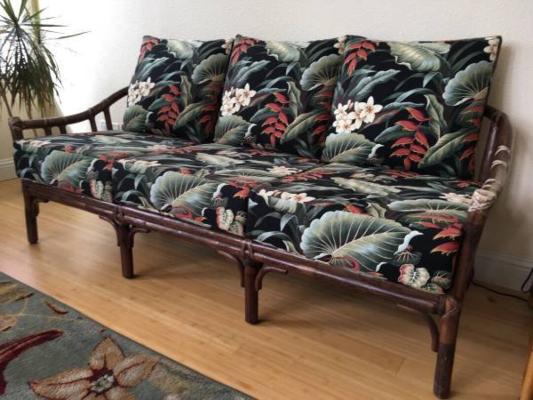 Vintage Mcguire Rattan Sofa With Hawaiian Style Floral Cushions Etsy