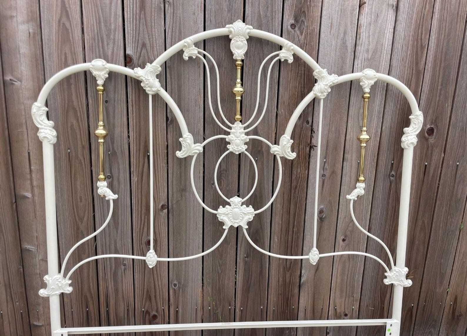 Vintage Elliott's Design Queen Bed Frame: White Enameled Iron & Brass ...