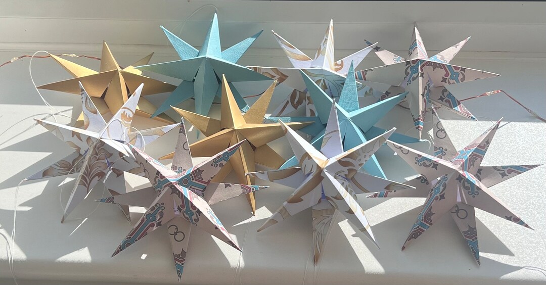 Handmade Origami Christmas Star Decorations: Blue, White, Gold - Box of ...