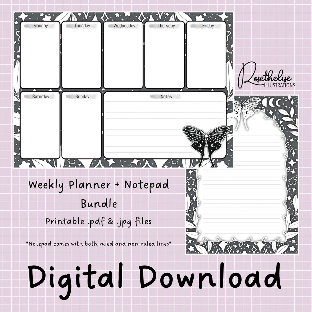 Black Moth Weekly Planner & Notepad Bundle Instant Digital Download - Etsy