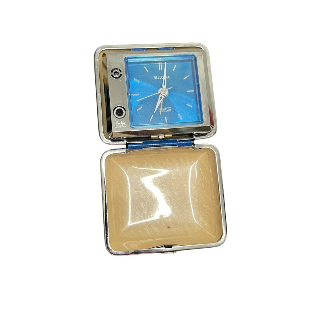 BULOVA Travel Alarm Clock Quartz Battery BLUE VTG Japan Foldaway Case ...