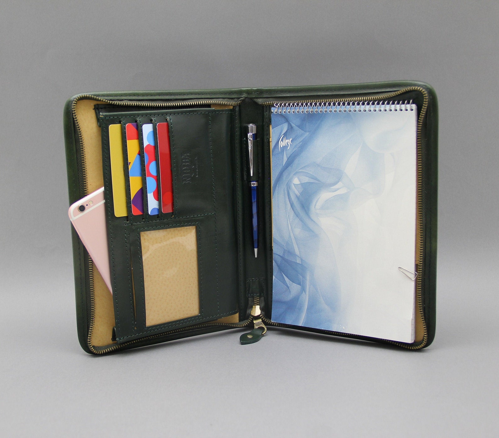 Leather Portfolio A5 , Leather Notebook Holder, Light Blue Zippered ...