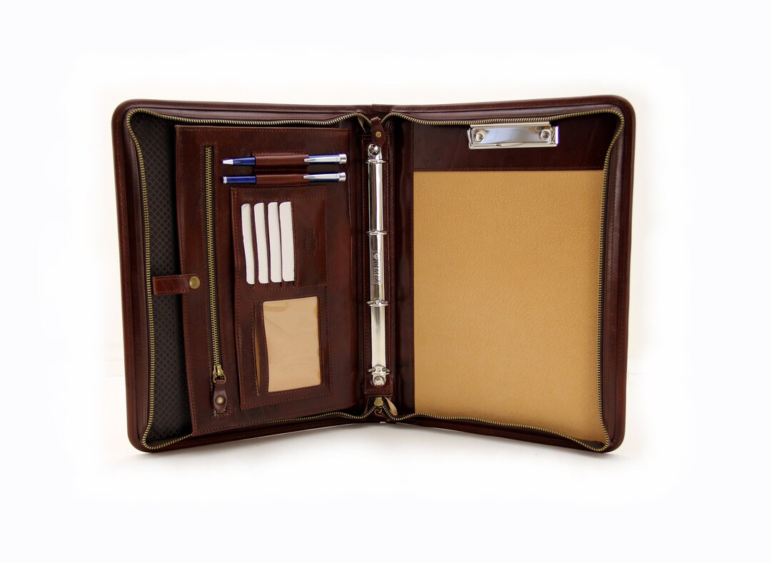 Brown Leather Portfolio With Zipper, Leather Organizer for Men ...