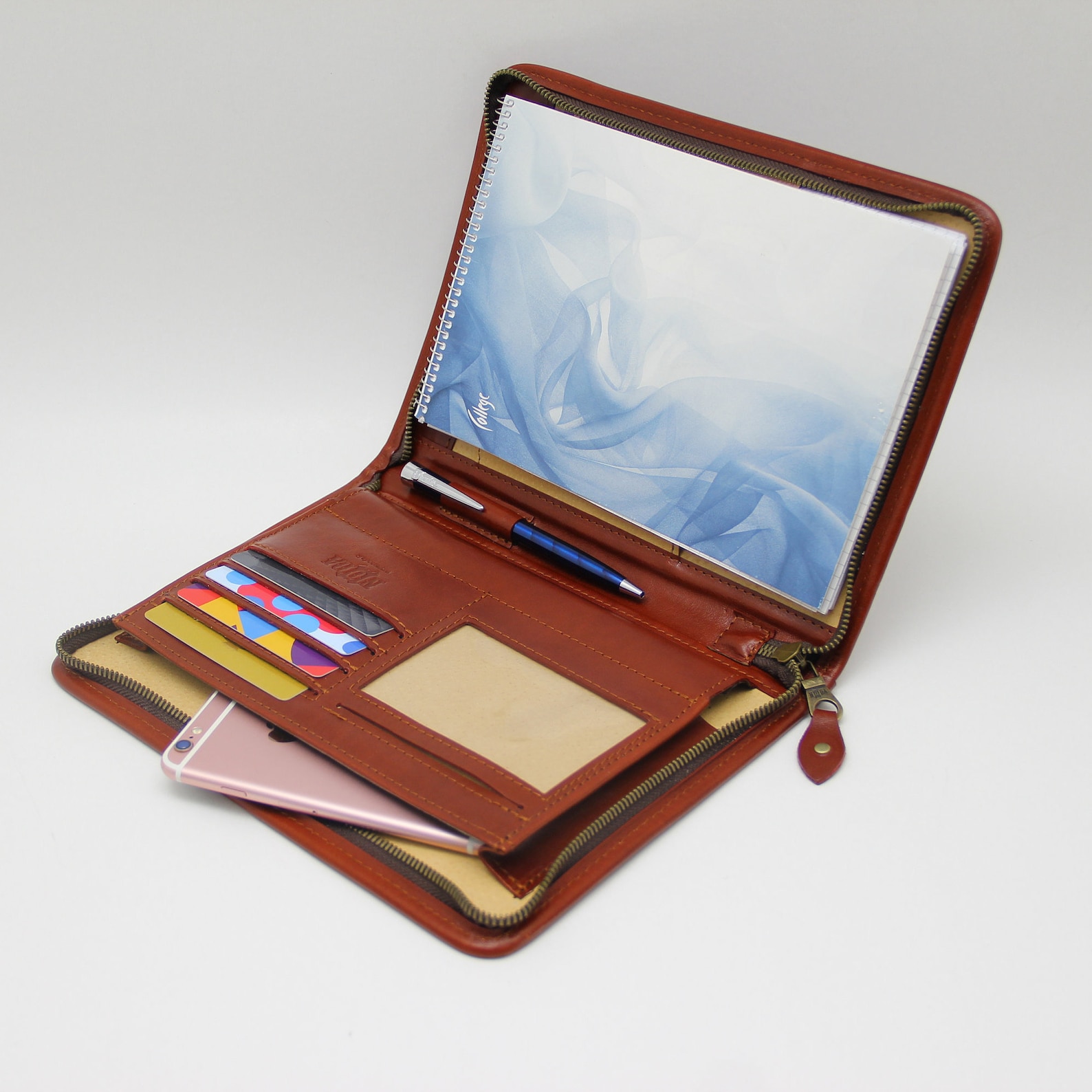 Leather Portfolio A5 , Leather Notebook Holder, Light Blue Zippered ...