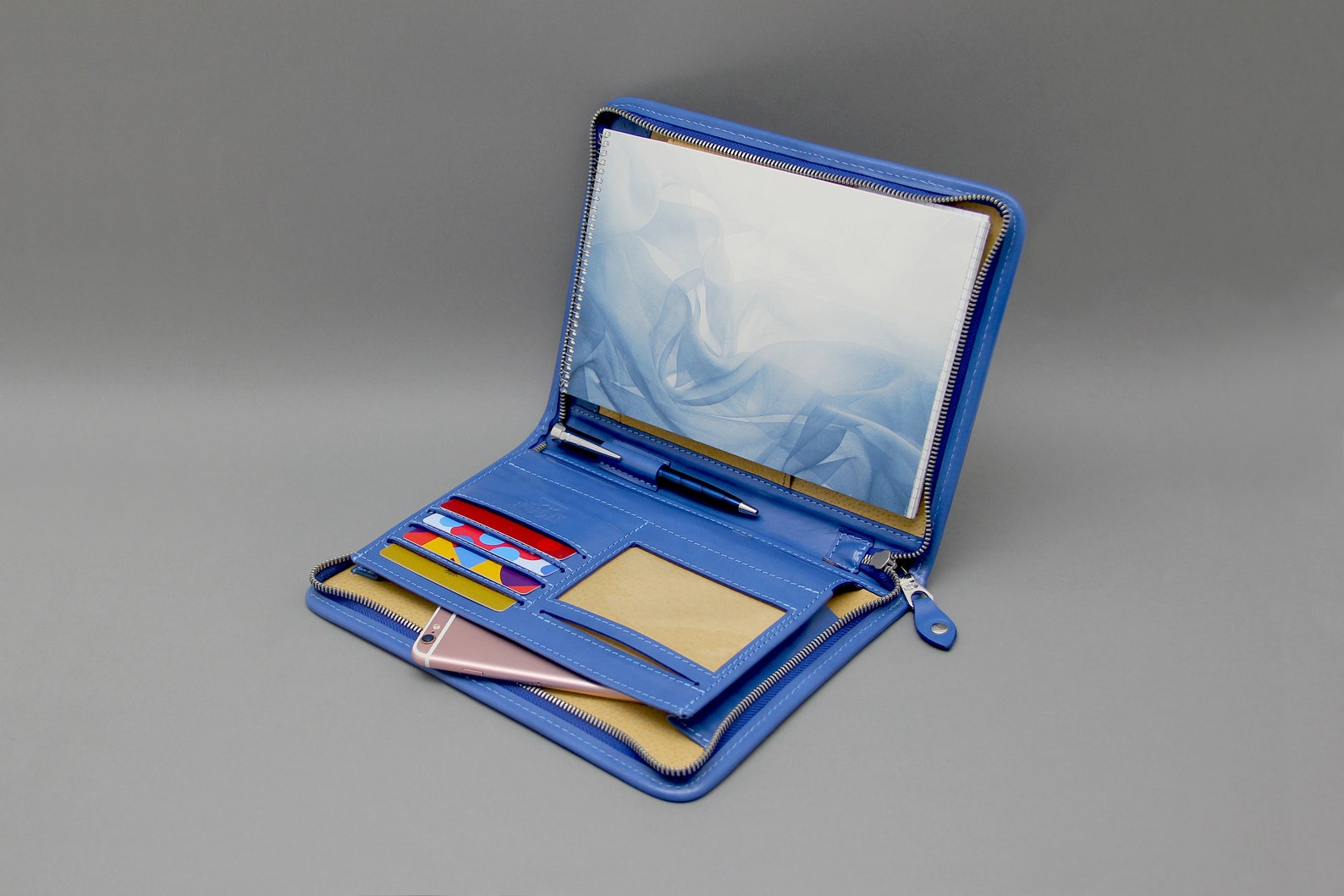 Leather Portfolio A5 , Leather Notebook Holder, Light Blue Zippered ...