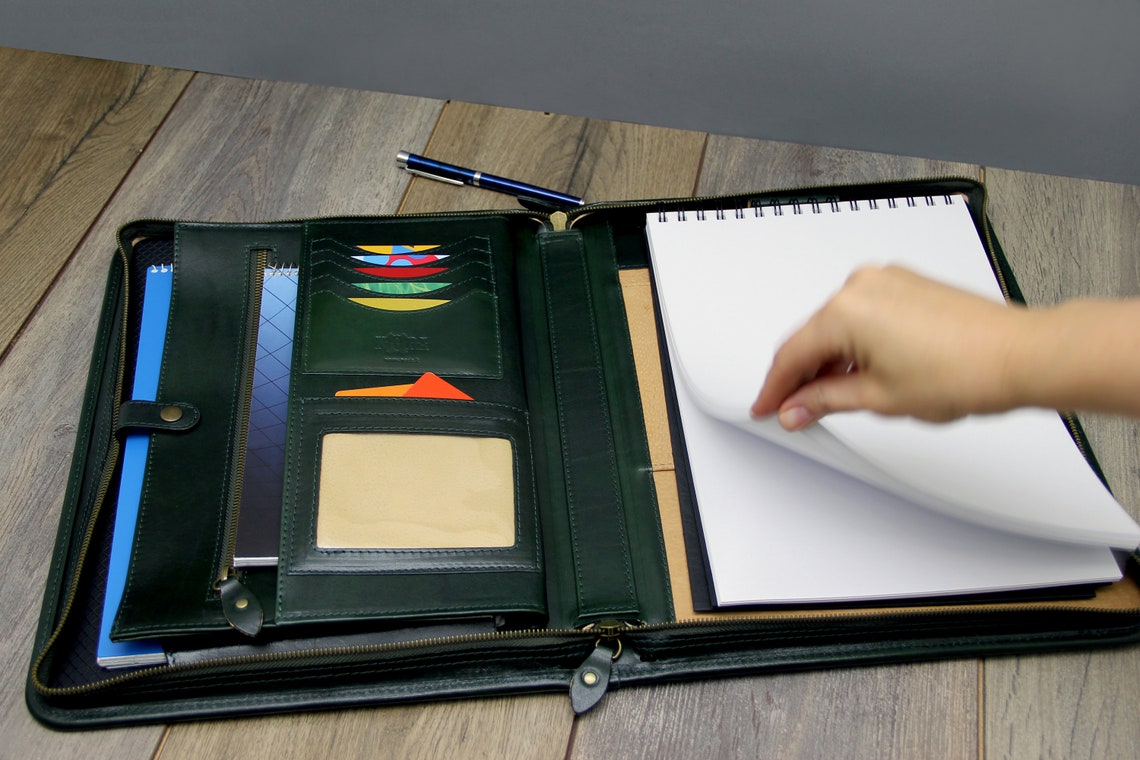 Leather Business Portfolio Case, Green Folio Cover for A4 and Letter ...
