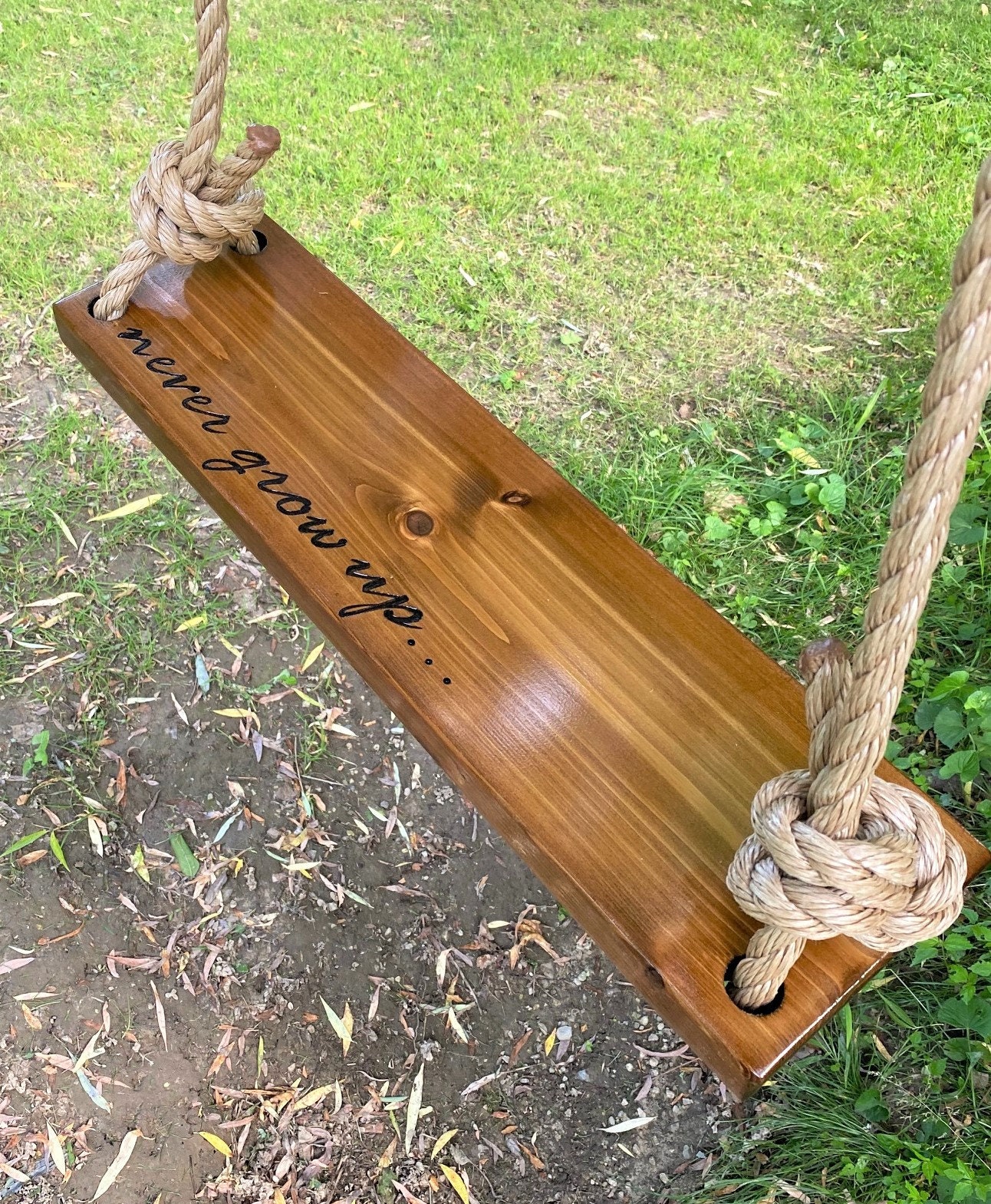 Never Grow up Wooden Rope Swing Wood Tree Swing Outdoor - Etsy