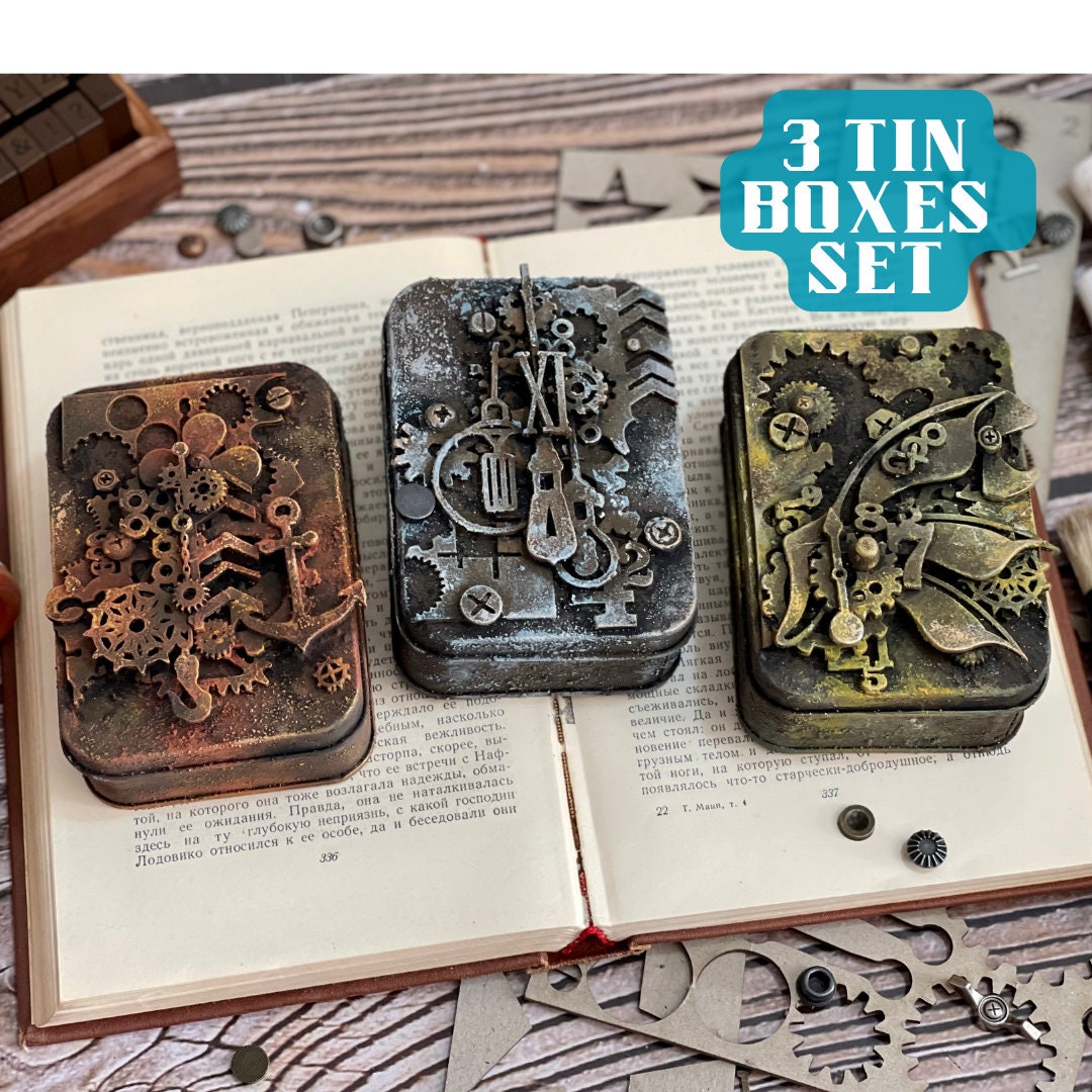 Steampunk Metal Box Set, Mechanical Tin, Personalized Box, Tin Box Mini ...