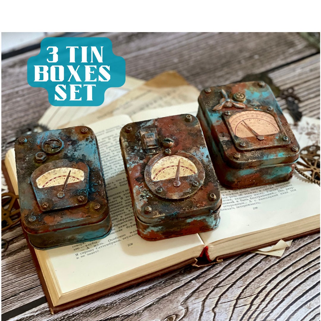 Steampunk Metal Box Set, Mechanical Tin, Personalized Box, Tin Box Mini ...