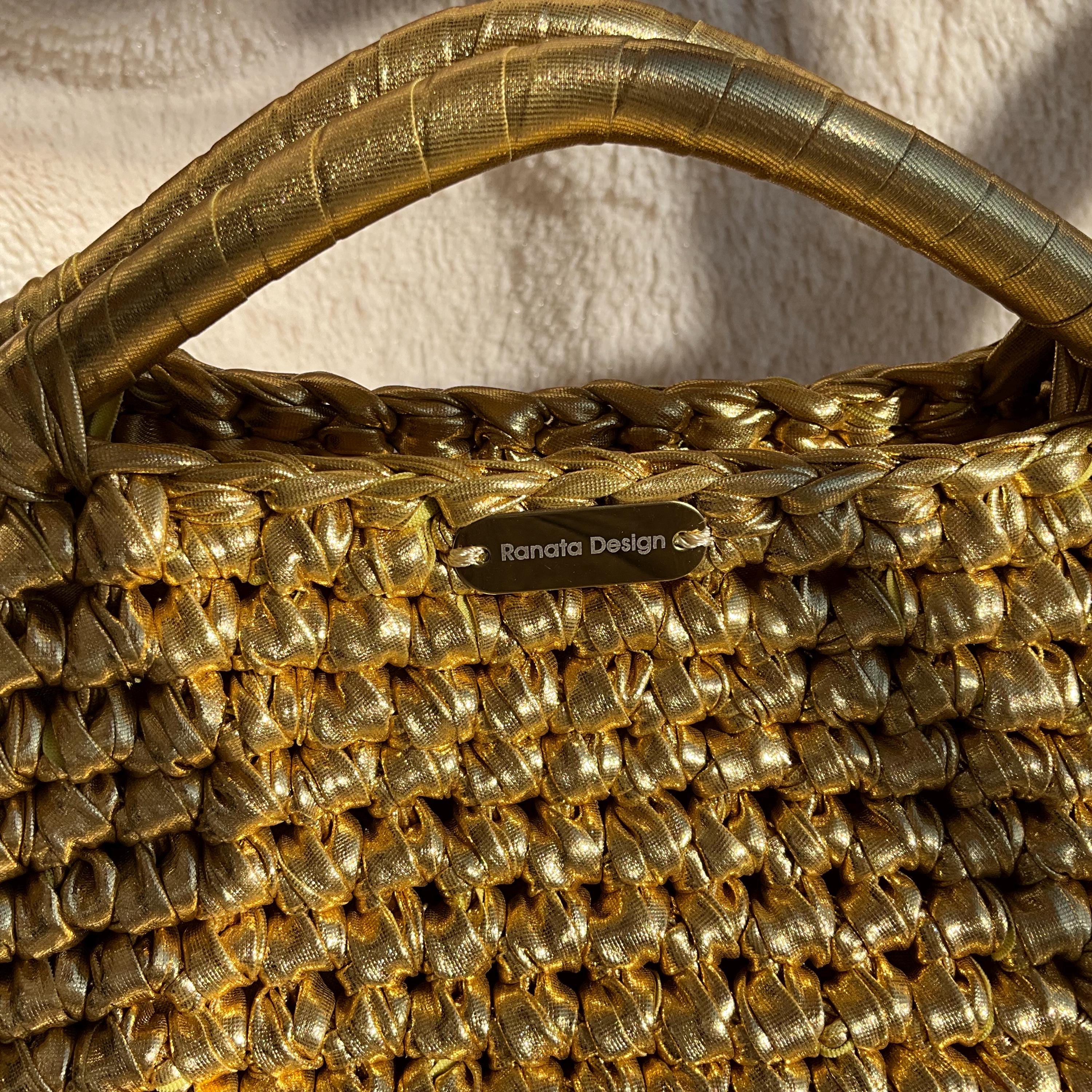 Luxurious Gold Woven Handbag – Triangle Handle Purse, Handmade Metallic ...