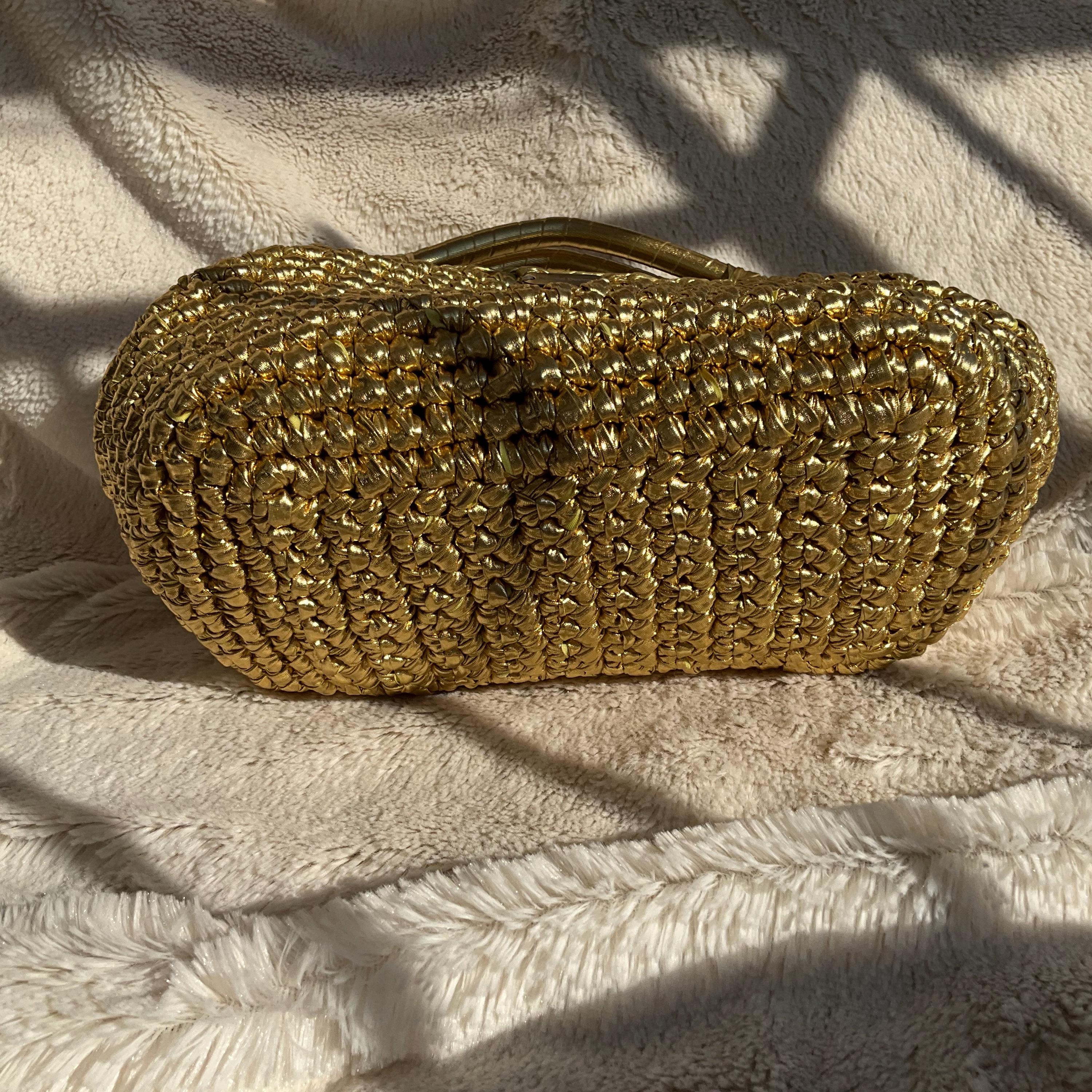 Luxurious Gold Woven Handbag – Triangle Handle Purse, Handmade Metallic ...