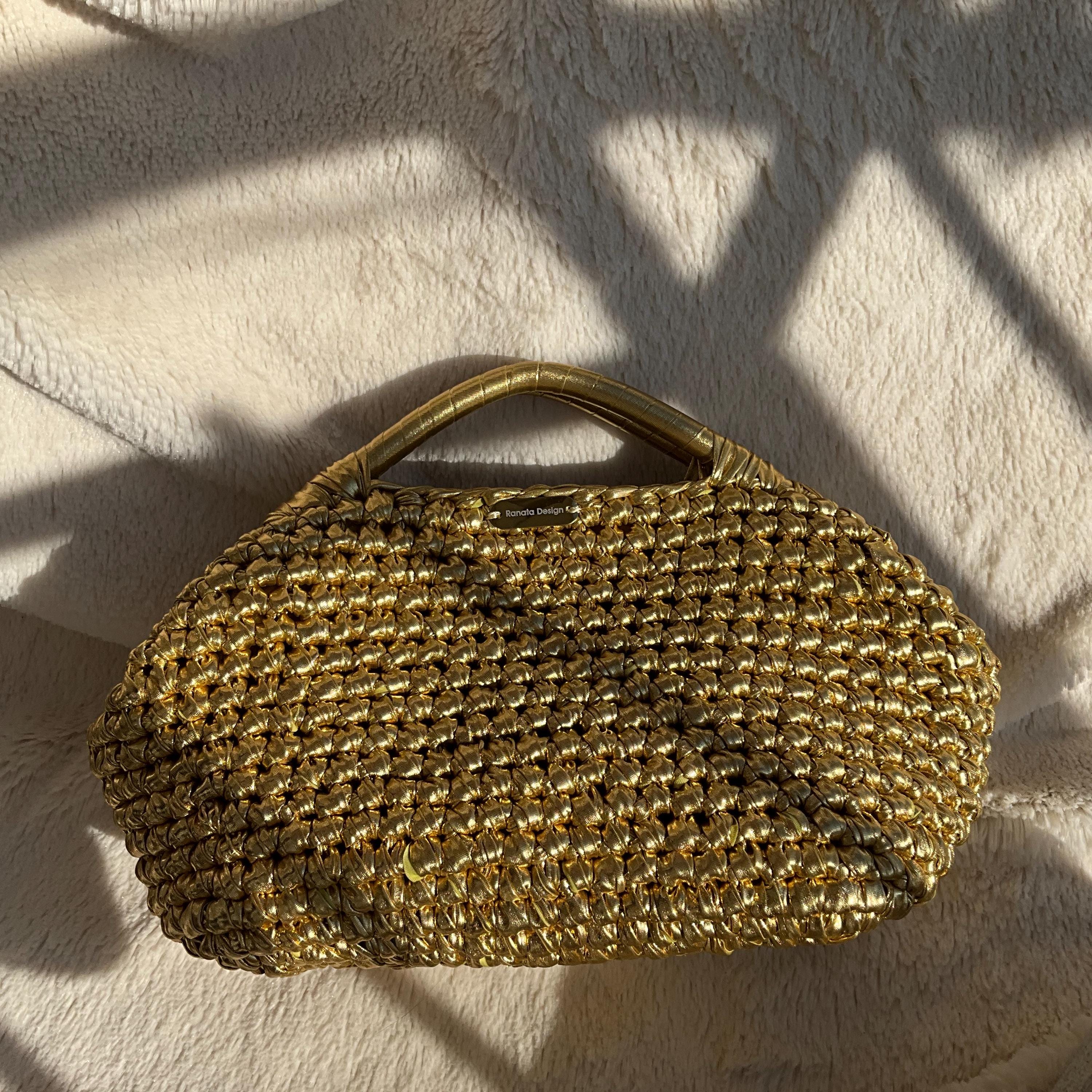 Luxurious Gold Woven Handbag – Triangle Handle Purse, Handmade Metallic ...