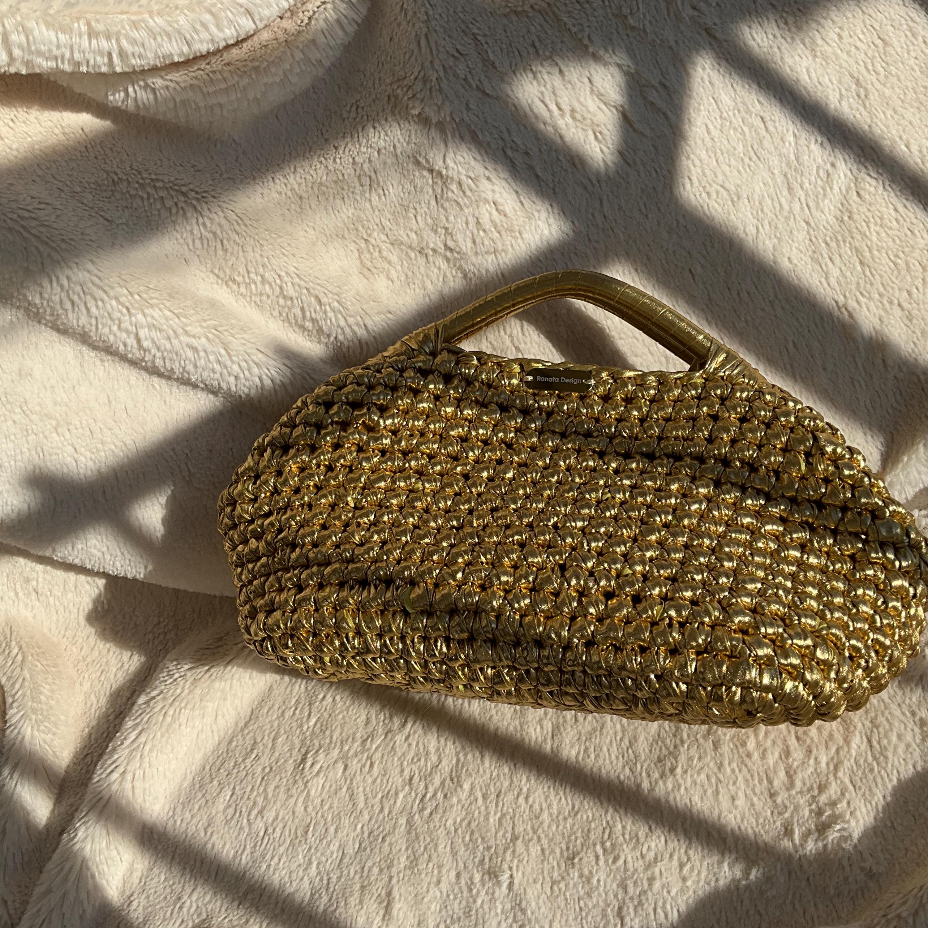 Luxurious Gold Woven Handbag – Triangle Handle Purse, Handmade Metallic ...