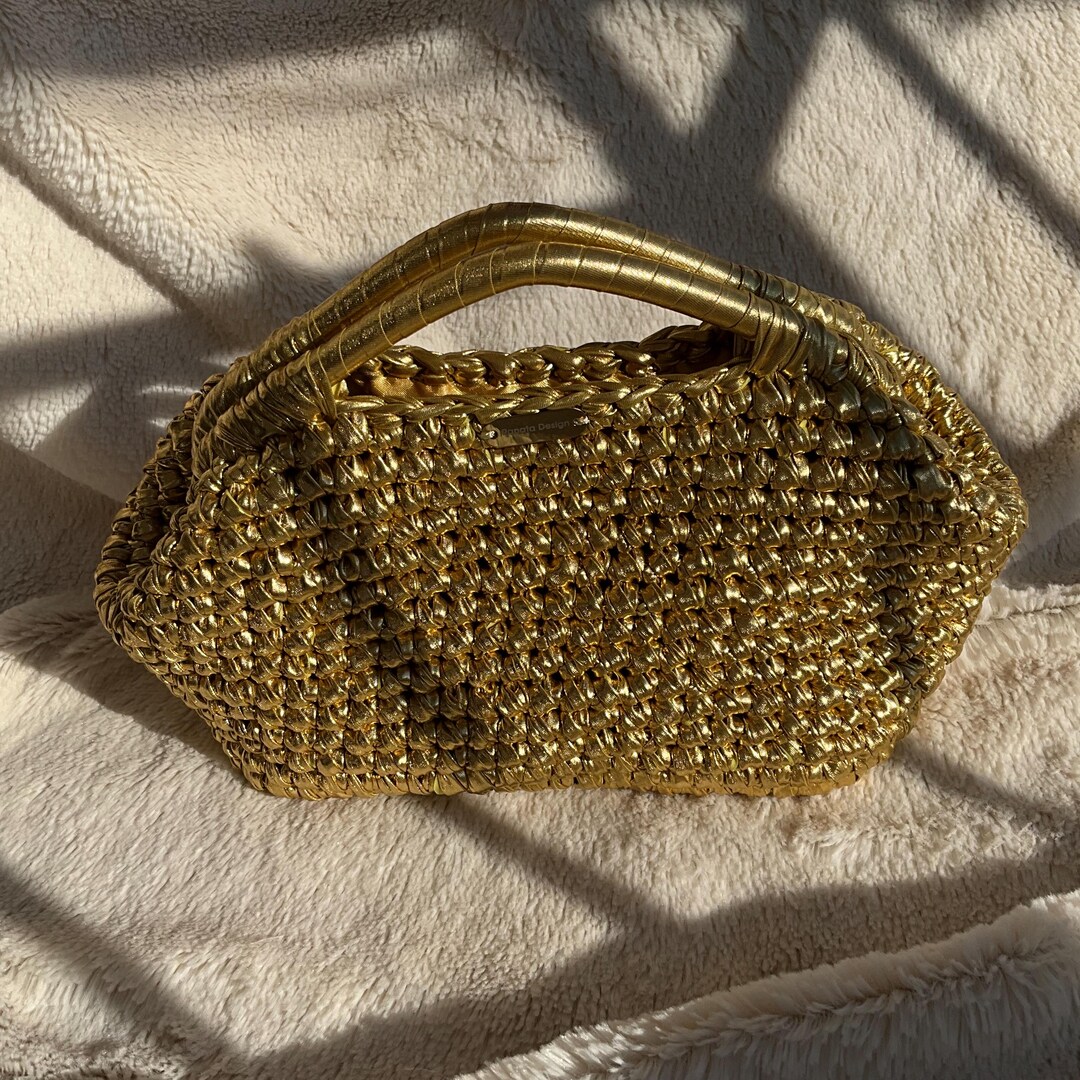 Luxurious Gold Woven Handbag – Triangle Handle Purse, Handmade Metallic ...