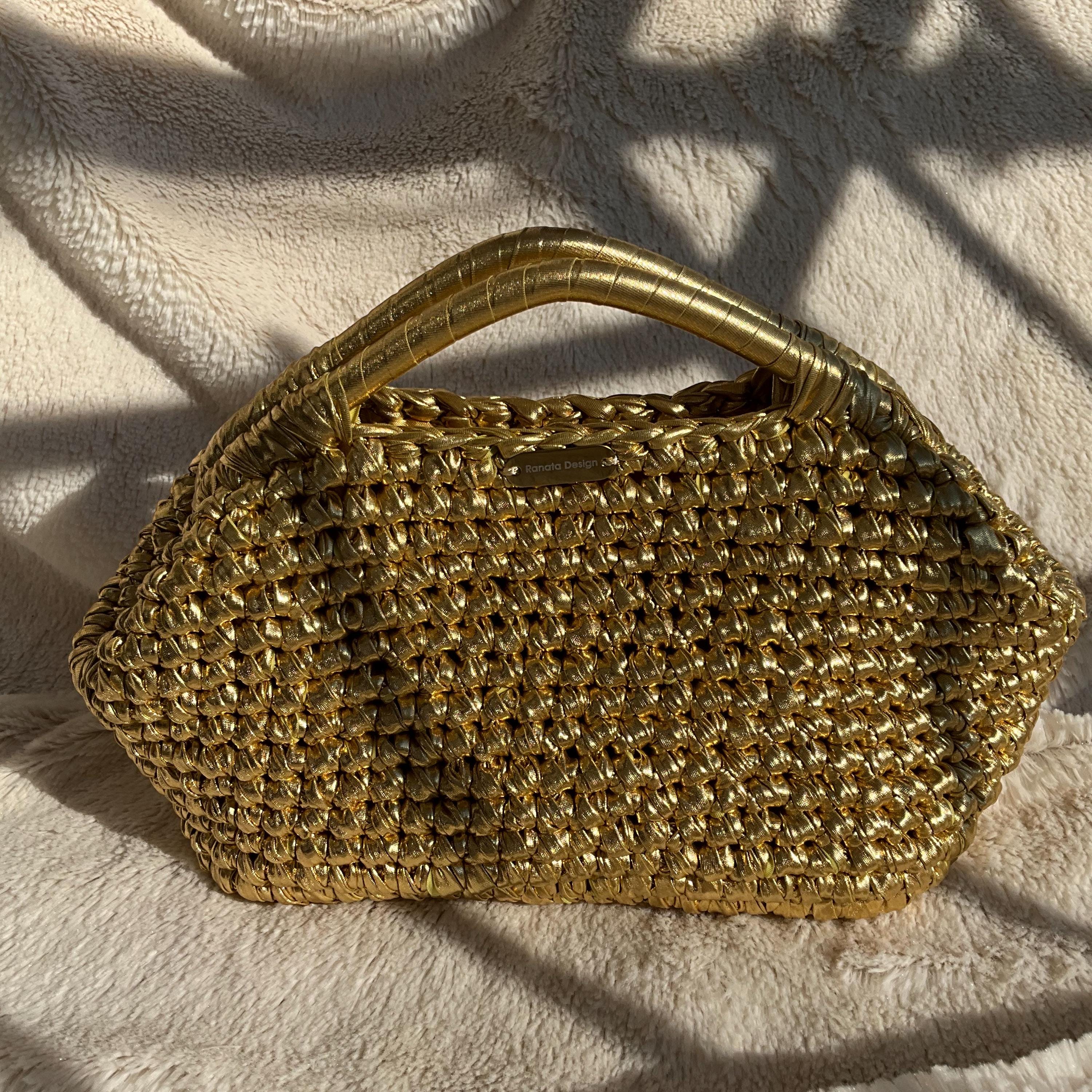Luxurious Gold Woven Handbag – Triangle Handle Purse, Handmade Metallic ...
