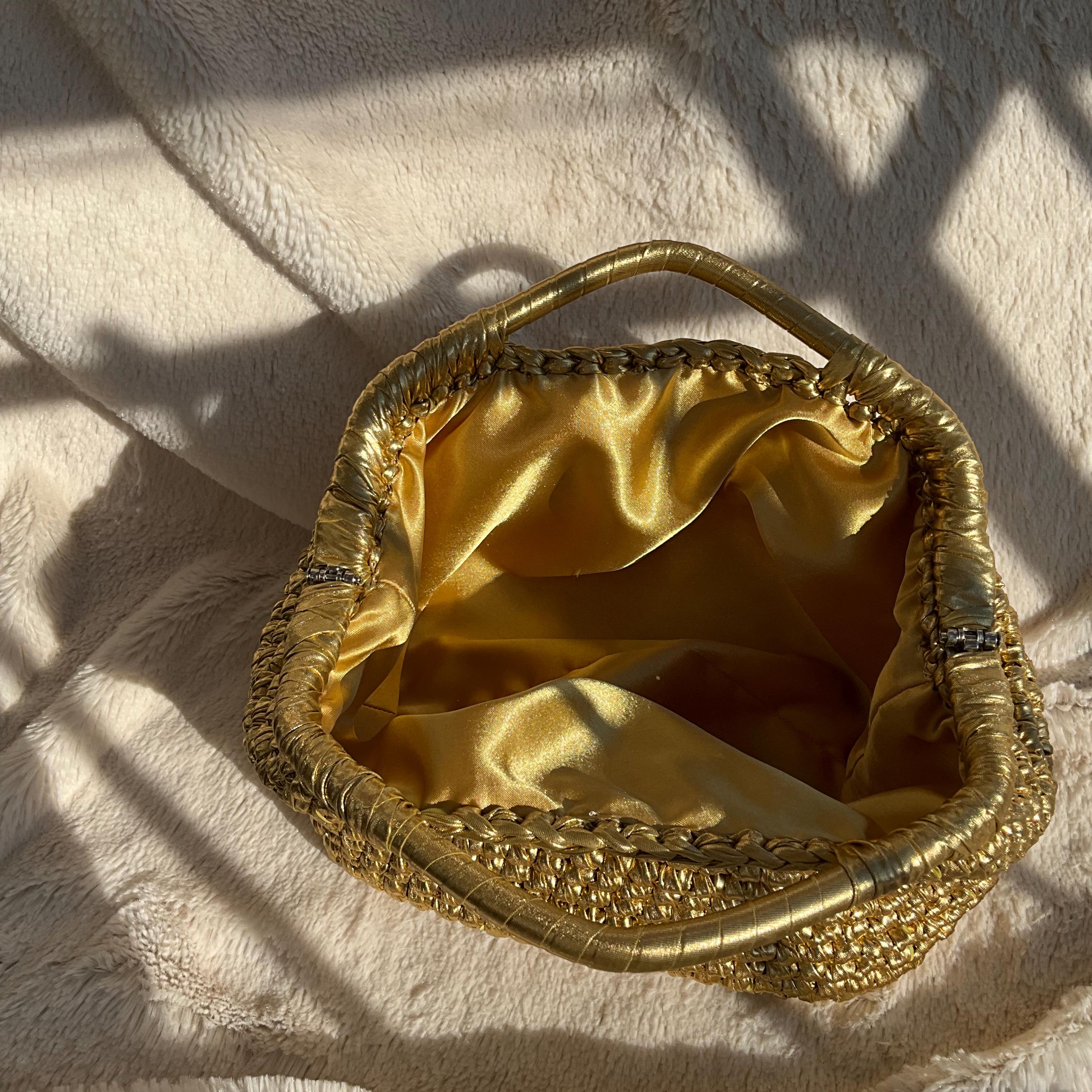 Luxurious Gold Woven Handbag – Triangle Handle Purse, Handmade Metallic ...
