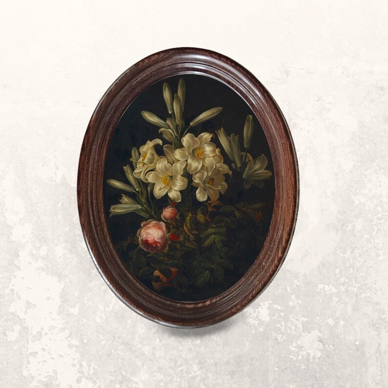 Oval Framed Floral Wall Art: Antique Painting Print in Wooden Frame - Etsy