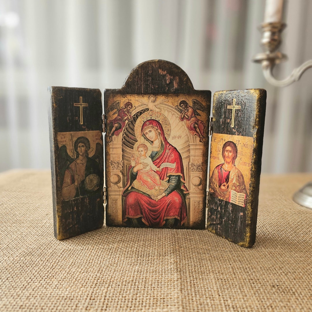 Wooden Icon- Triptych With Mother of God, Jesus Christ Pantocrator and ...
