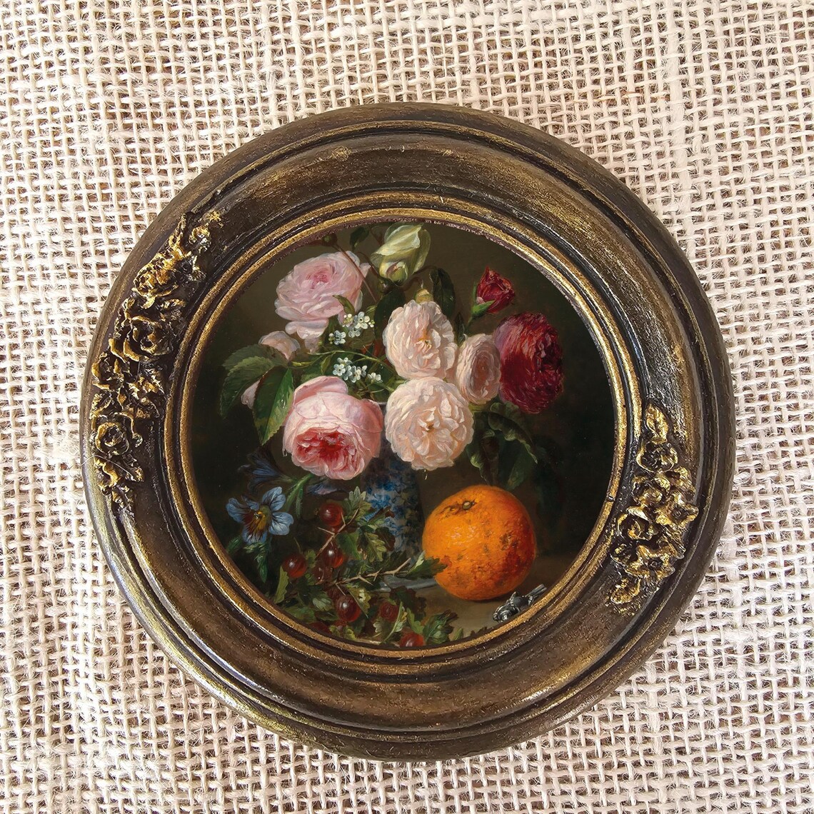 Small Circular Wall Art Framed , Antique Style Mini Art, Round Artwork ...