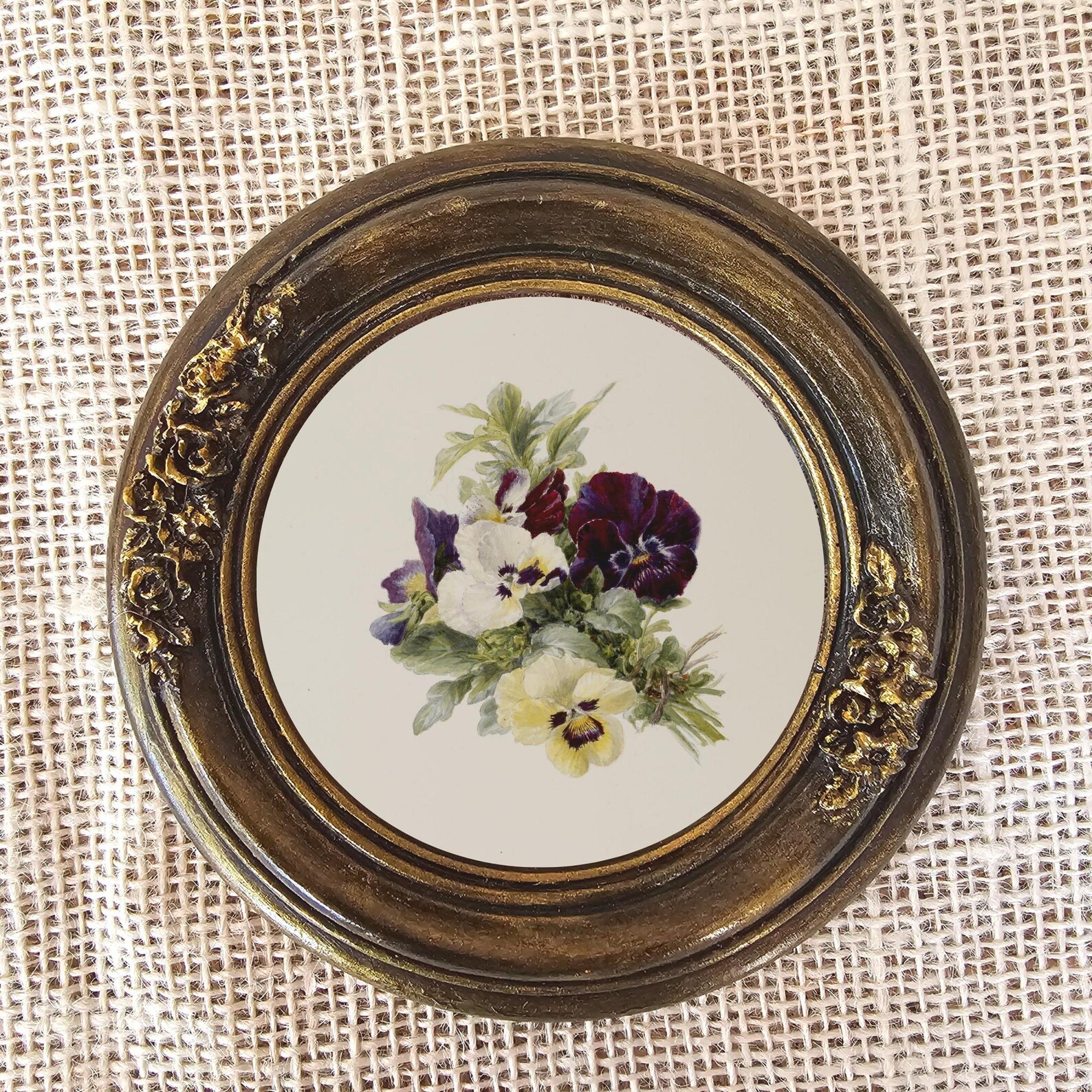 Small Circular Wall Art Framed , Antique Style Mini Art, Round Artwork ...