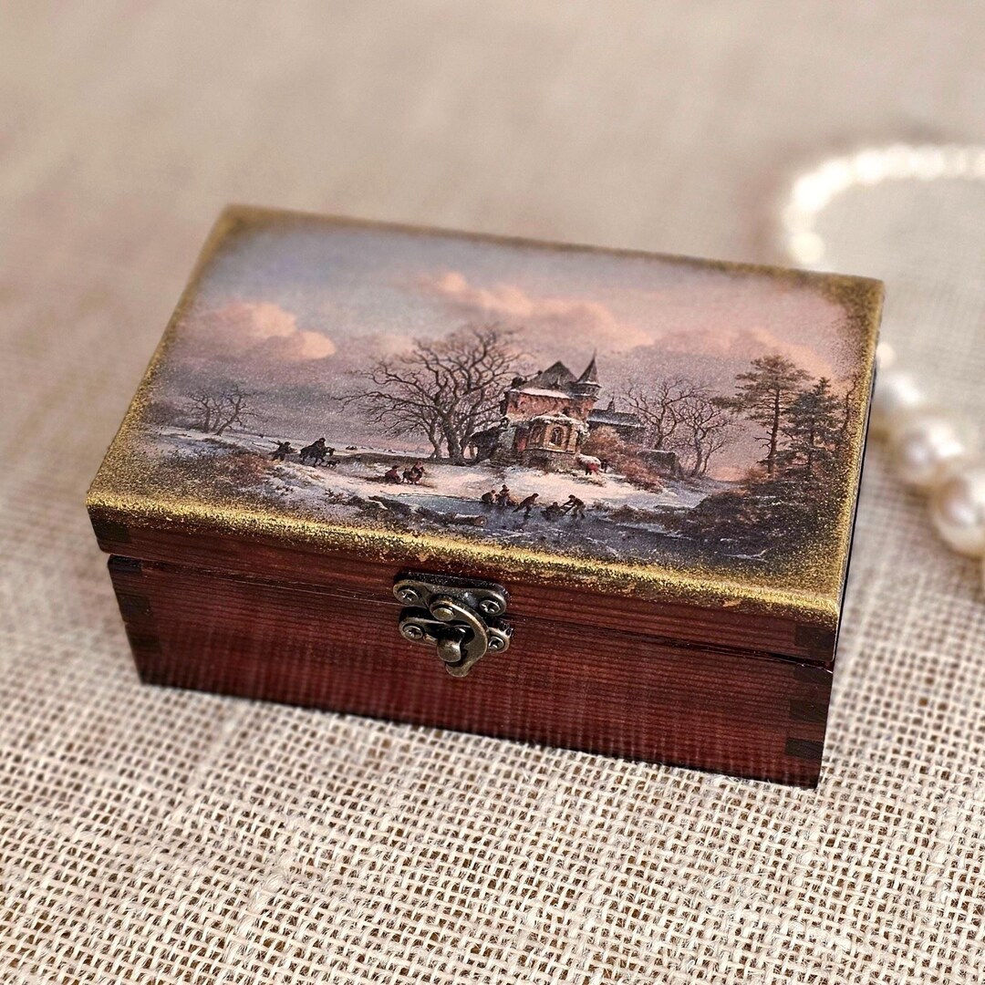 Wooden Trinket Box Handmade, Featuring Antique Winter Landscape - Etsy