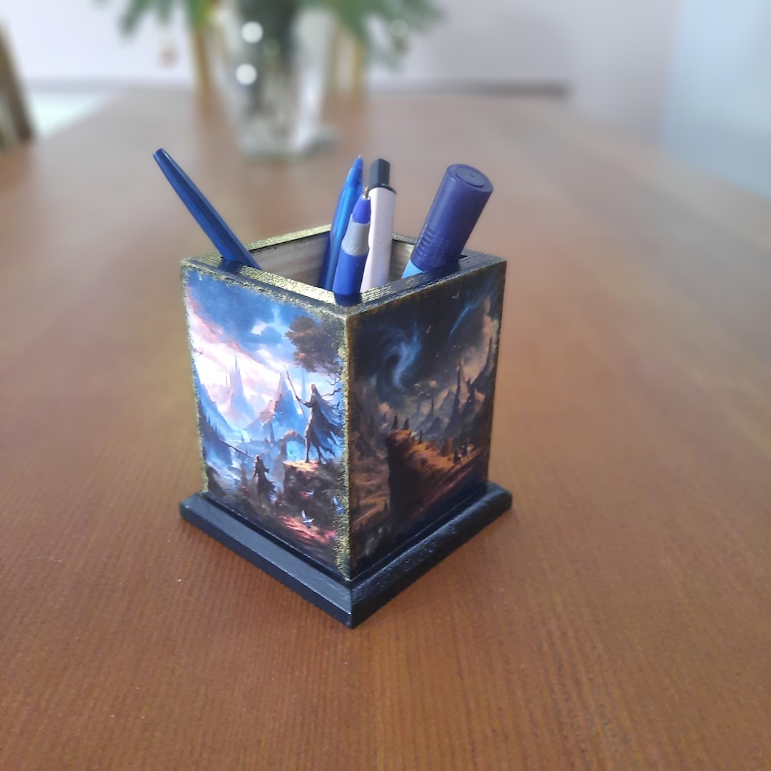 Wooden Pen Stand With Elves World Pencil Pot With a Painting of a ...