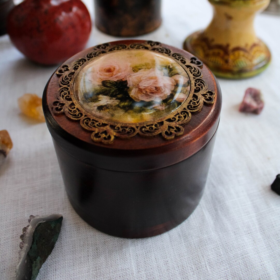 Round Wooden Jewelry Box in Old World Style Small Round Box With ...