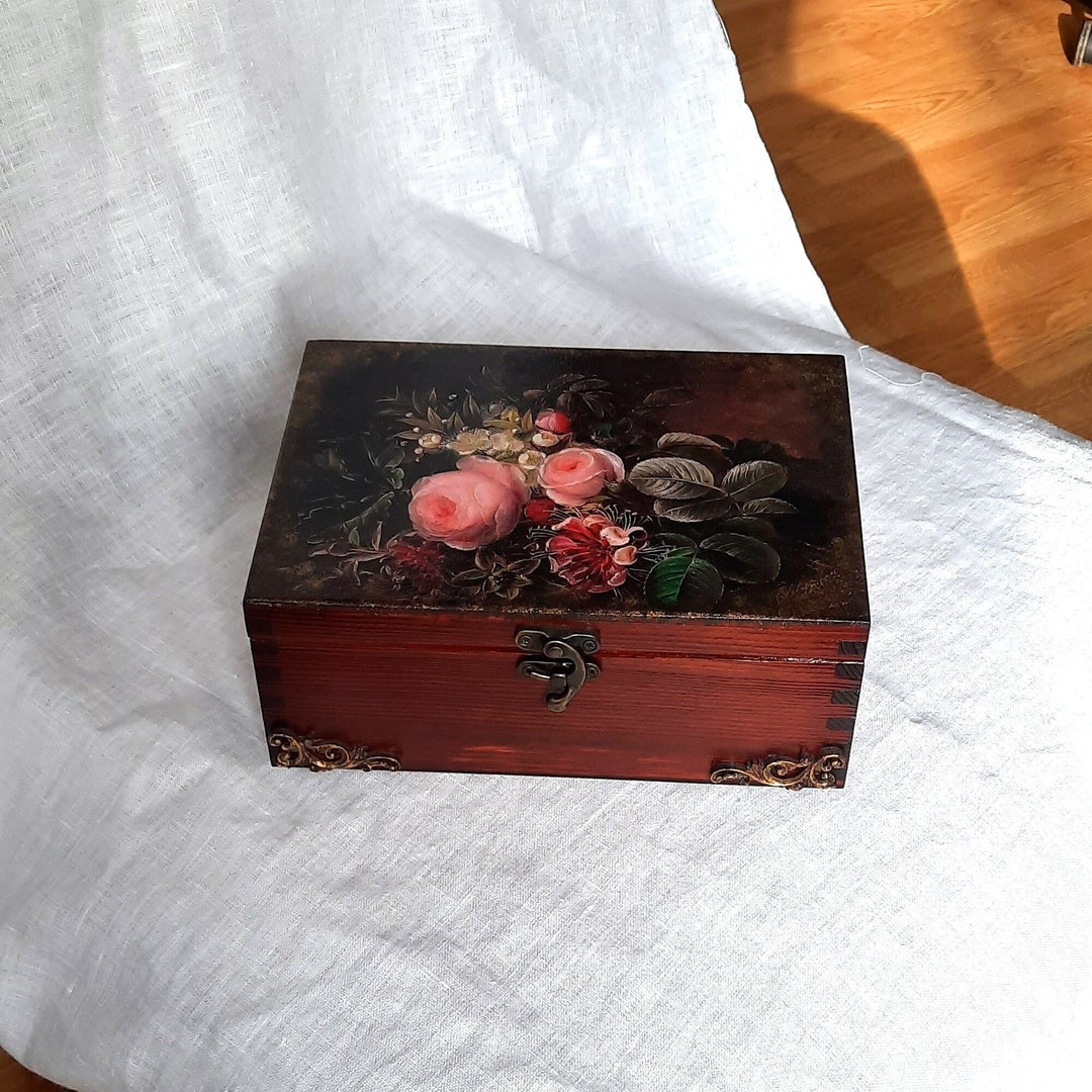 Dark Wood Box With Dutch Still Life Wooden Sewing Box in Old - Etsy