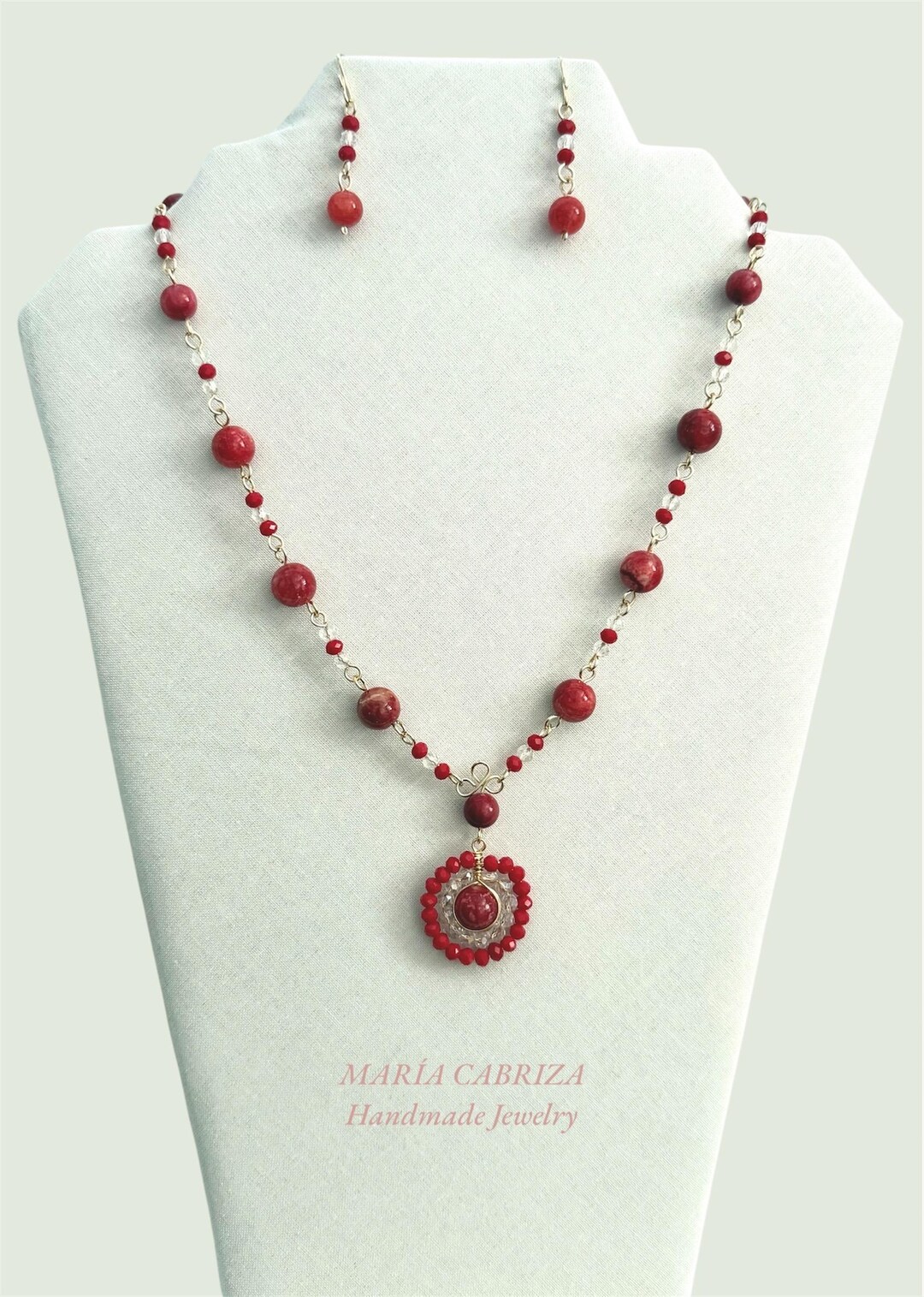 Handmade Red Stone Jewelry Set: Gold Wire Wrapped Necklace & Earrings ...