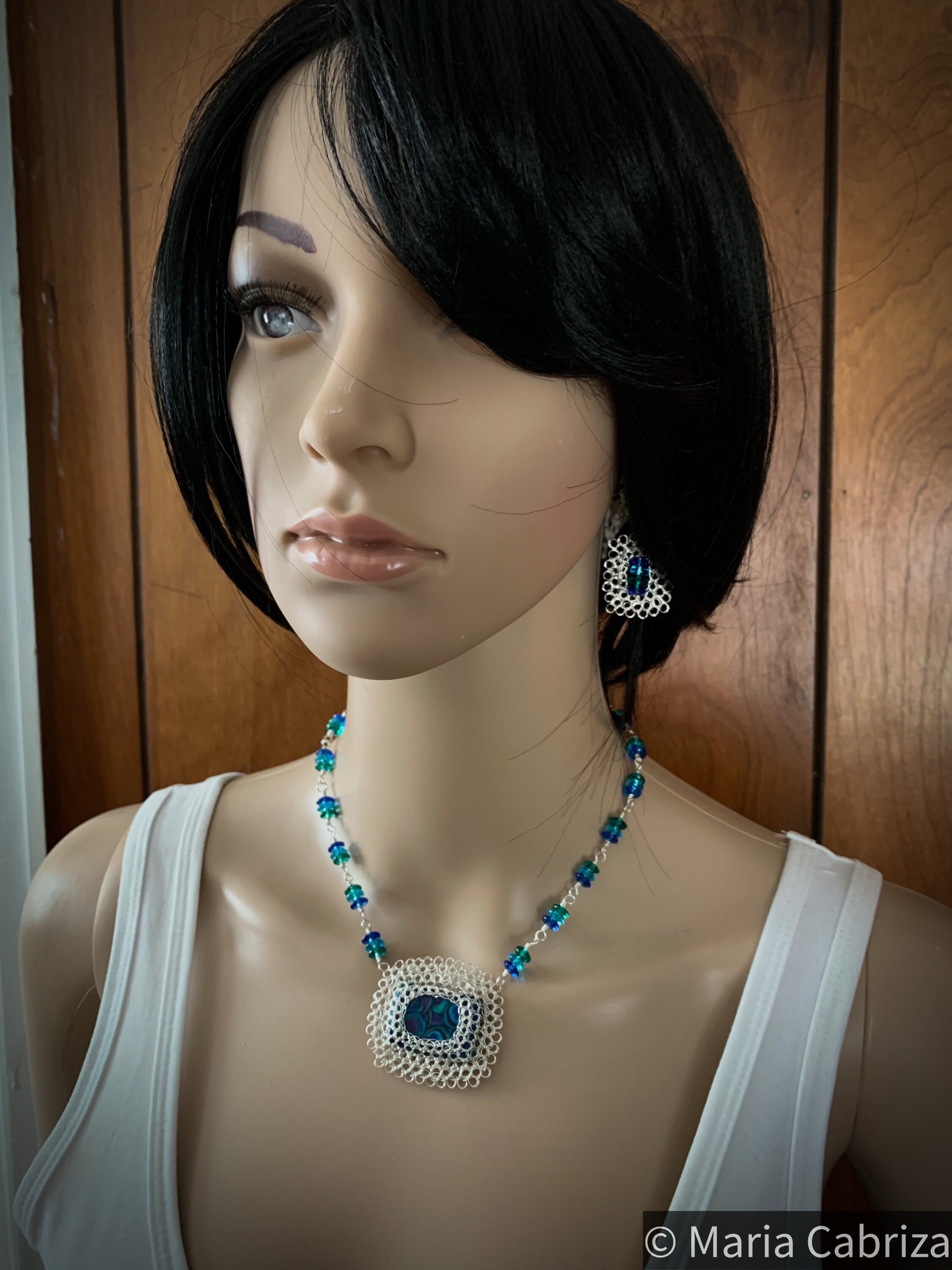 Joyería artesanal Joyería azul Joyería de alambre de ganchillo Juego de ...