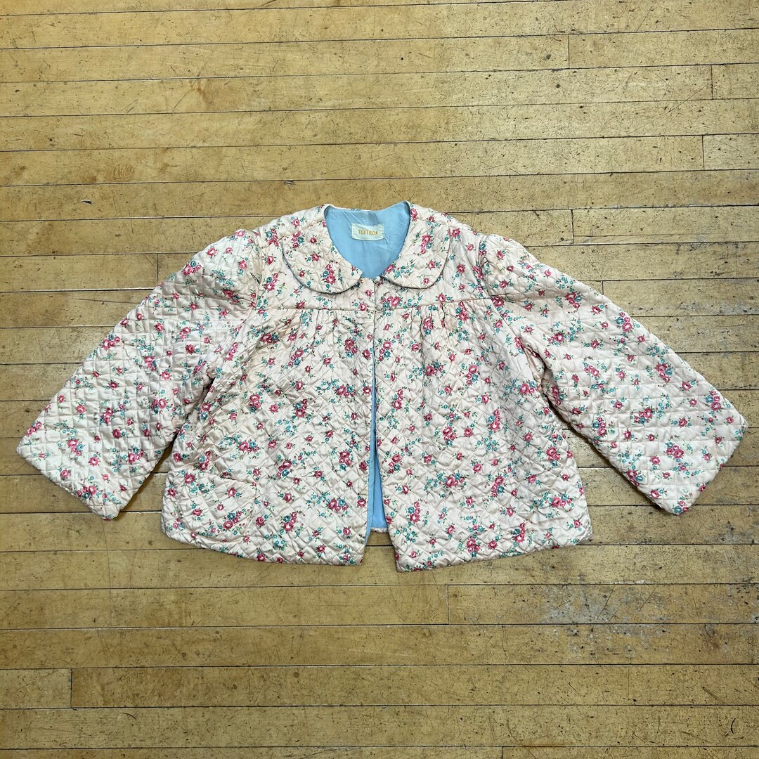 Vintage Textron S/M Quilted Jacket Womens 40s Pink Floral Rayon Bed ...
