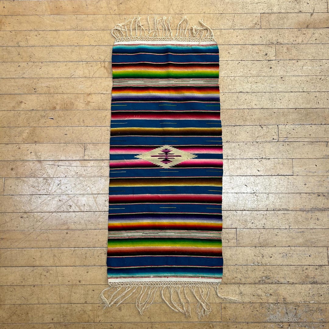 Vintage Mexican Serape Weaving Table Mat Runner Blue Wool 1930s Fringe ...