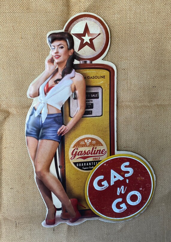 Gas N Go Pin up With Gasoline Pump Embossed Metal Sign | Etsy