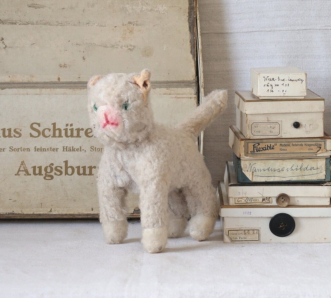 White Vintage Tattered Cat Straw Filled Cat Much Loved Toy Small Soft ...