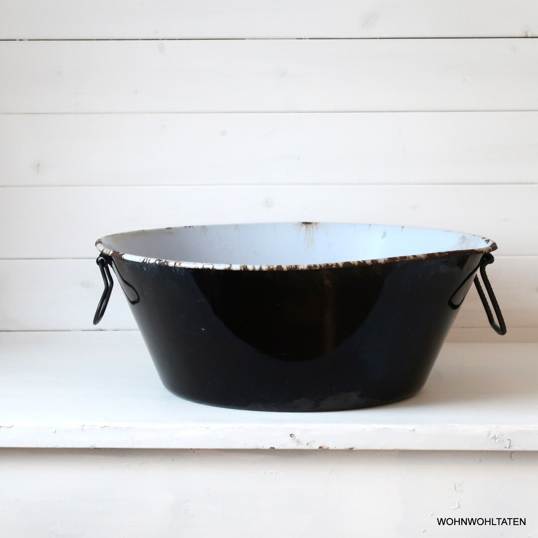 Large Vintage Enamel Tub With Handles Simple Round Black - Etsy