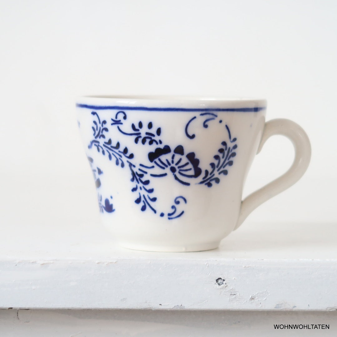 Antique White Ironstone Mug Large Coffee Cup With Blue Decor Farmhouse ...