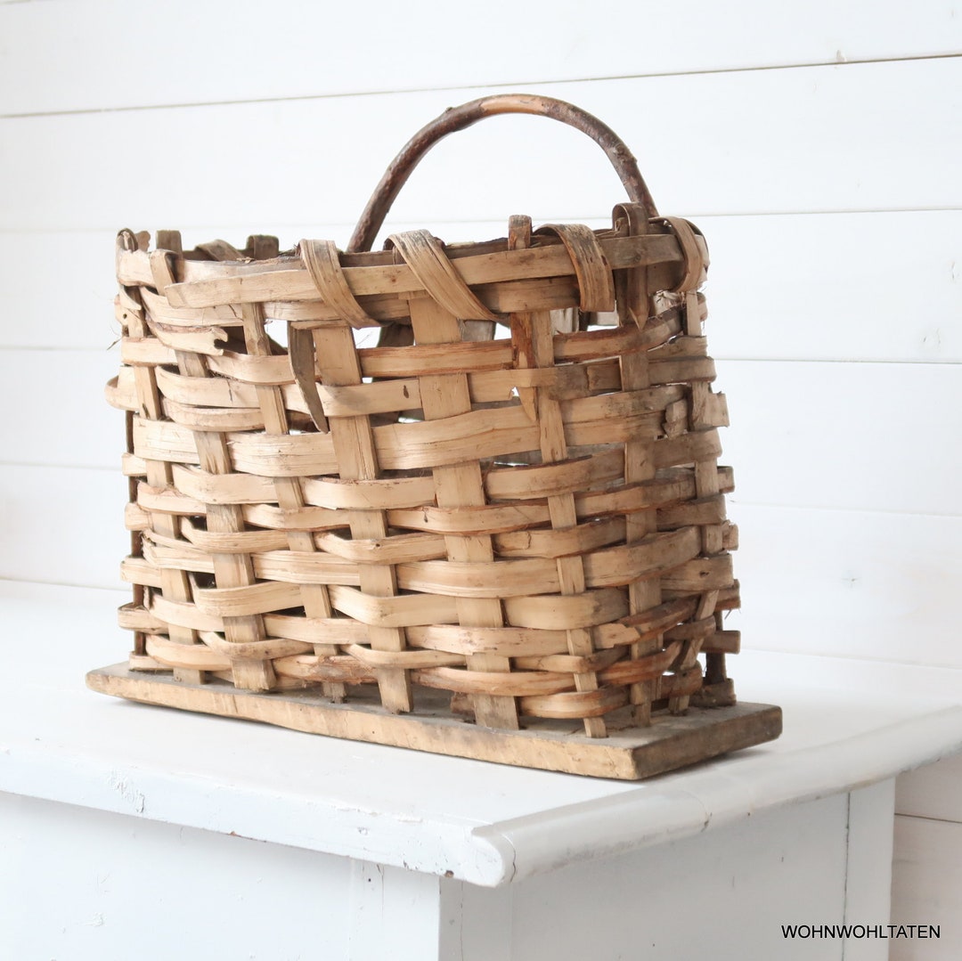 Antique Handmade Chipwood Basket Large Harvest Box With Handle Wooden ...