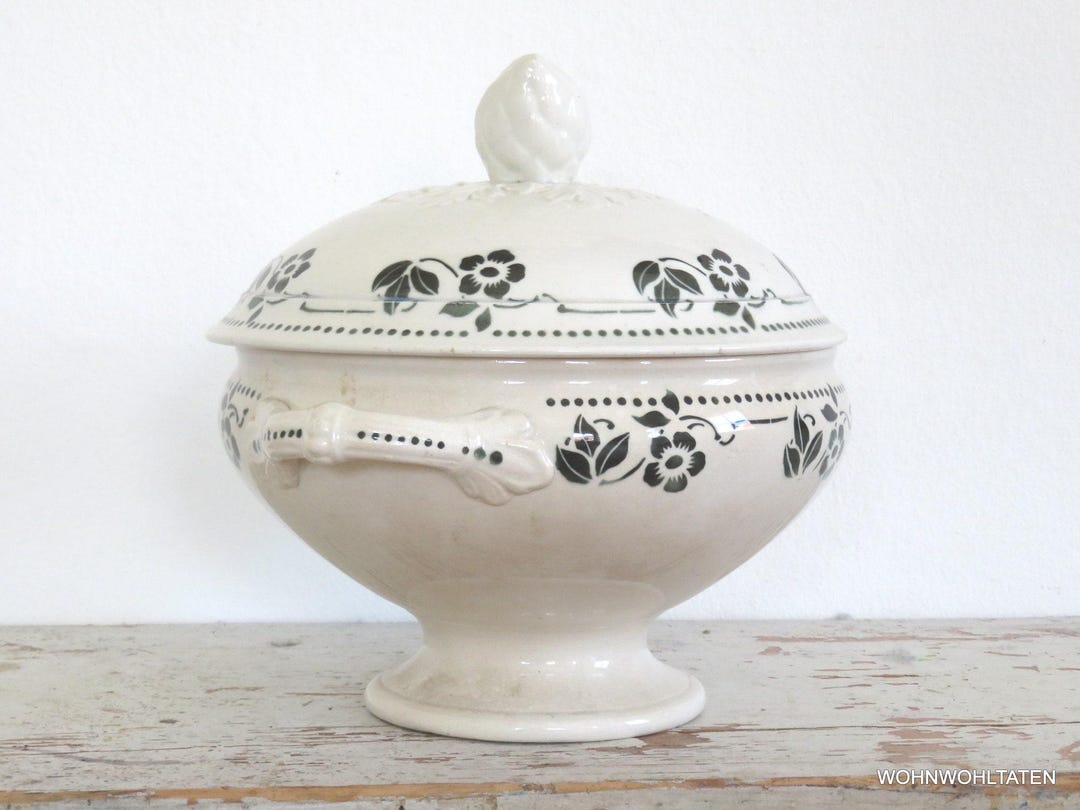 French Antique Ironstone Tureen Badonviller 1910 White Soup Bowl Green ...