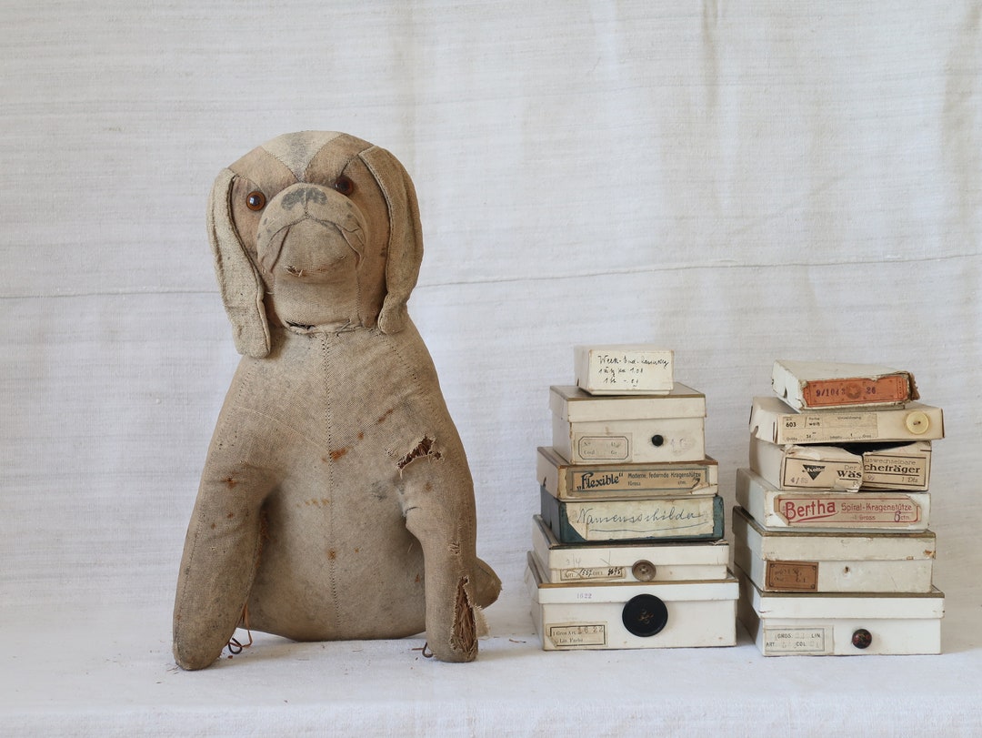 Antique Straw Filled Plush Toy Large Boxer Dog Tattered and Worn Plush ...