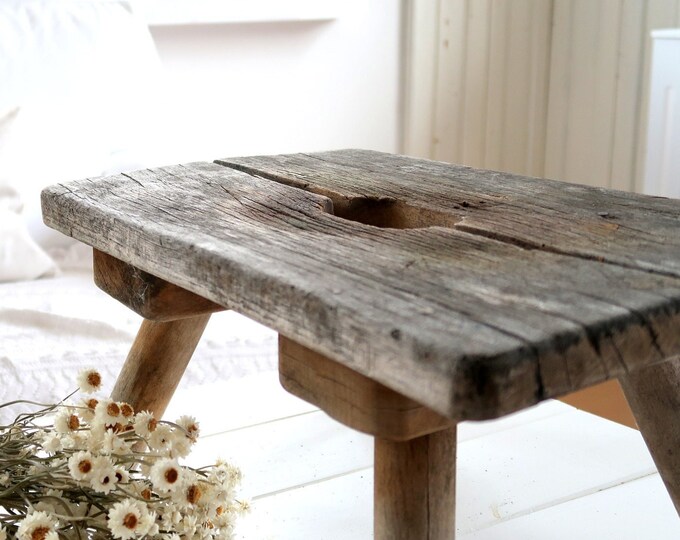 Antique Wooden Stool Primitive Farmhouse Foot Bench Handmade Side Table ...