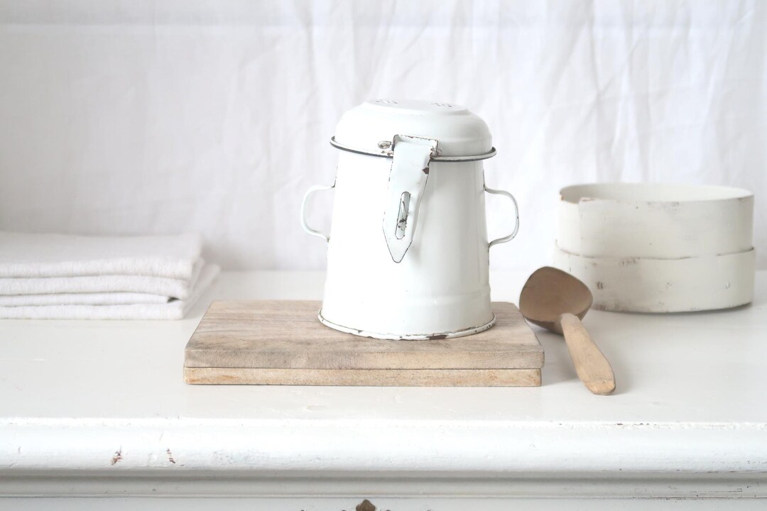 Vintage French Enamel Tin White Storage Container With Lid Country ...