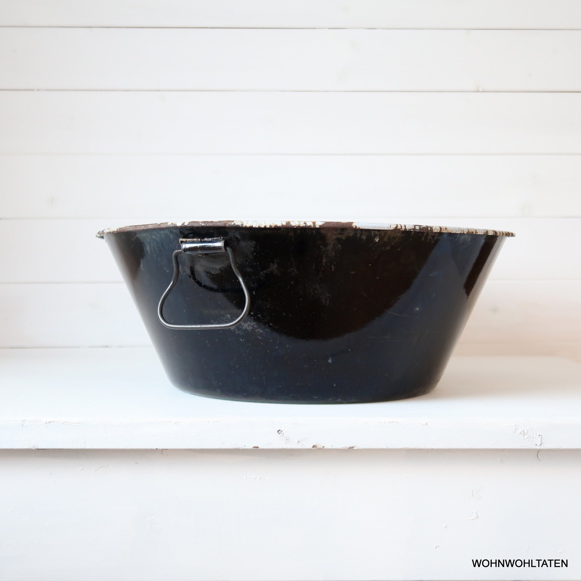 Large Vintage Enamel Tub With Handles Simple Round Black - Etsy