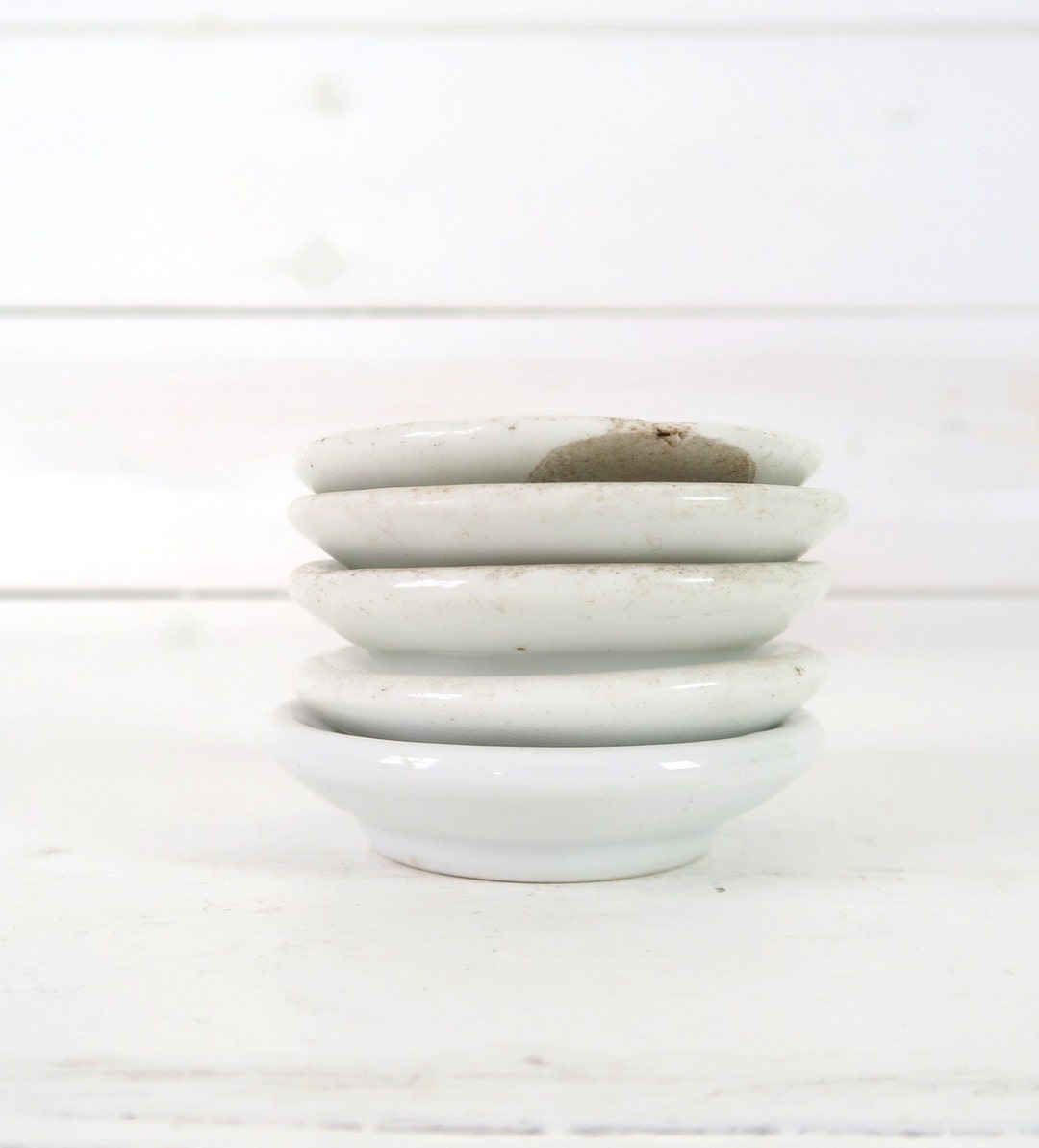 Antique Chippy White Butter Pats Primitive Chunky Serving Dishes Rustic ...