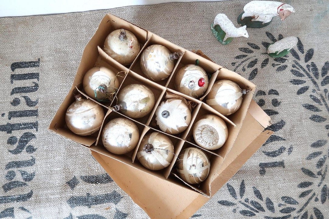 12 Antique Christmas Tree Baubles Small Handmade German Silver Colored ...