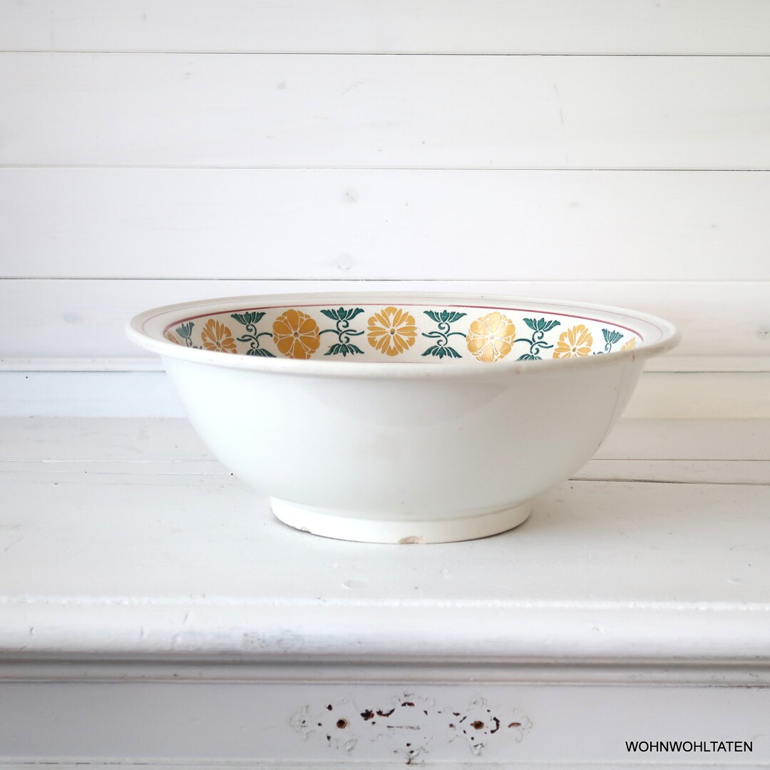 Antique White Ironstone Bowl Huge Simple Mixing Bowl With Decor Rustic ...