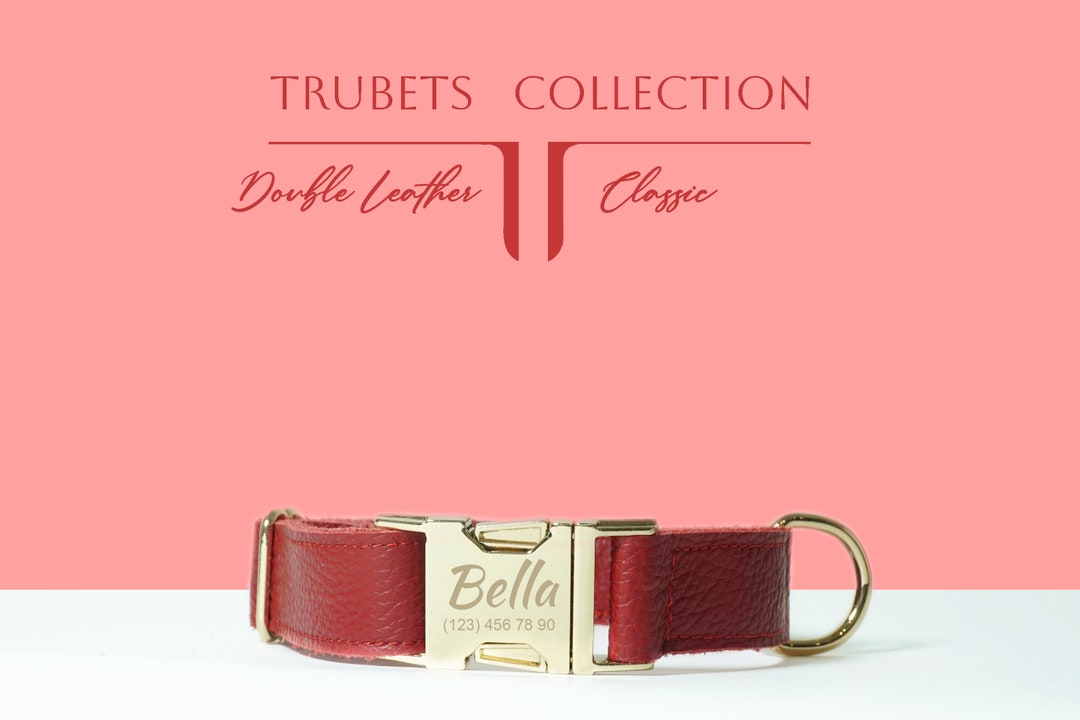 Red Dog Collar, Leather Red Dog Collar, Engraved Name Dog Collar ...