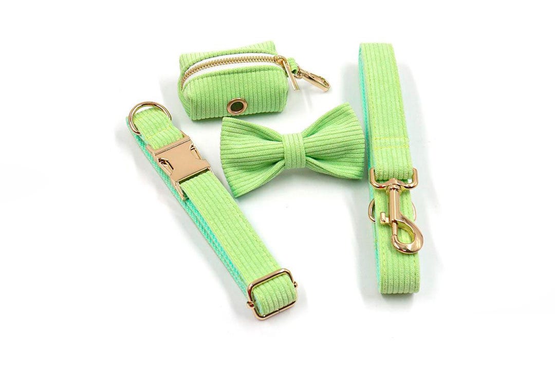 Handmade Lime Green Corduroy Dog Collar Bow Set, Personalized Nameplate ...