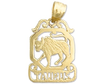 14k Yellow Solid Gold Round Taurus Bull Zodiac Pendant Charm Fine ...
