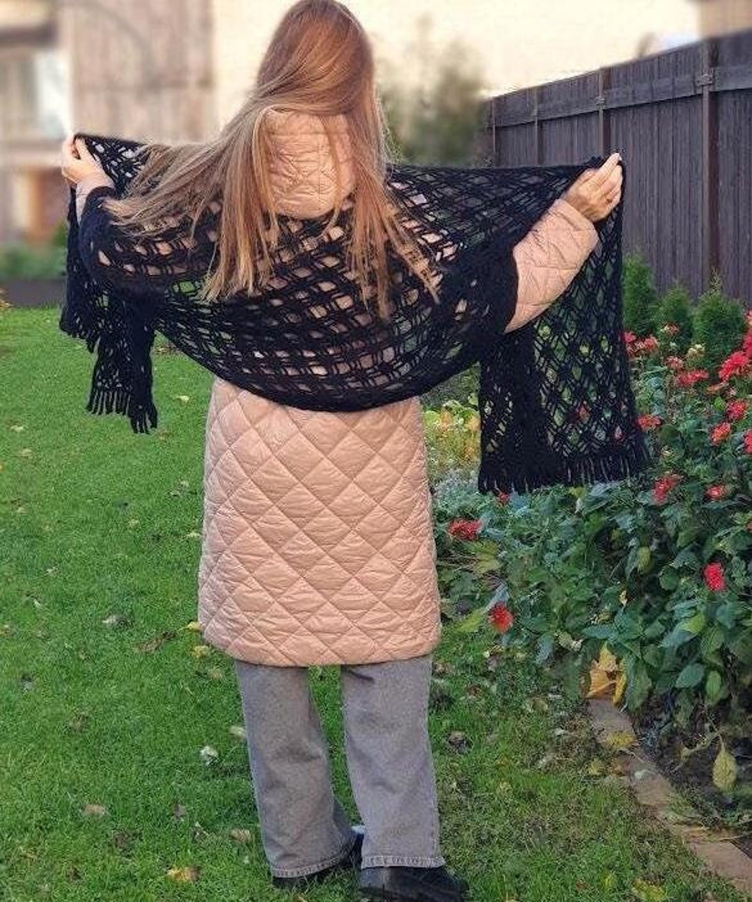 Woolen Black Scarf,hand Crochet Angora Shawl, Wrap, Autumn Warm Scarf ...