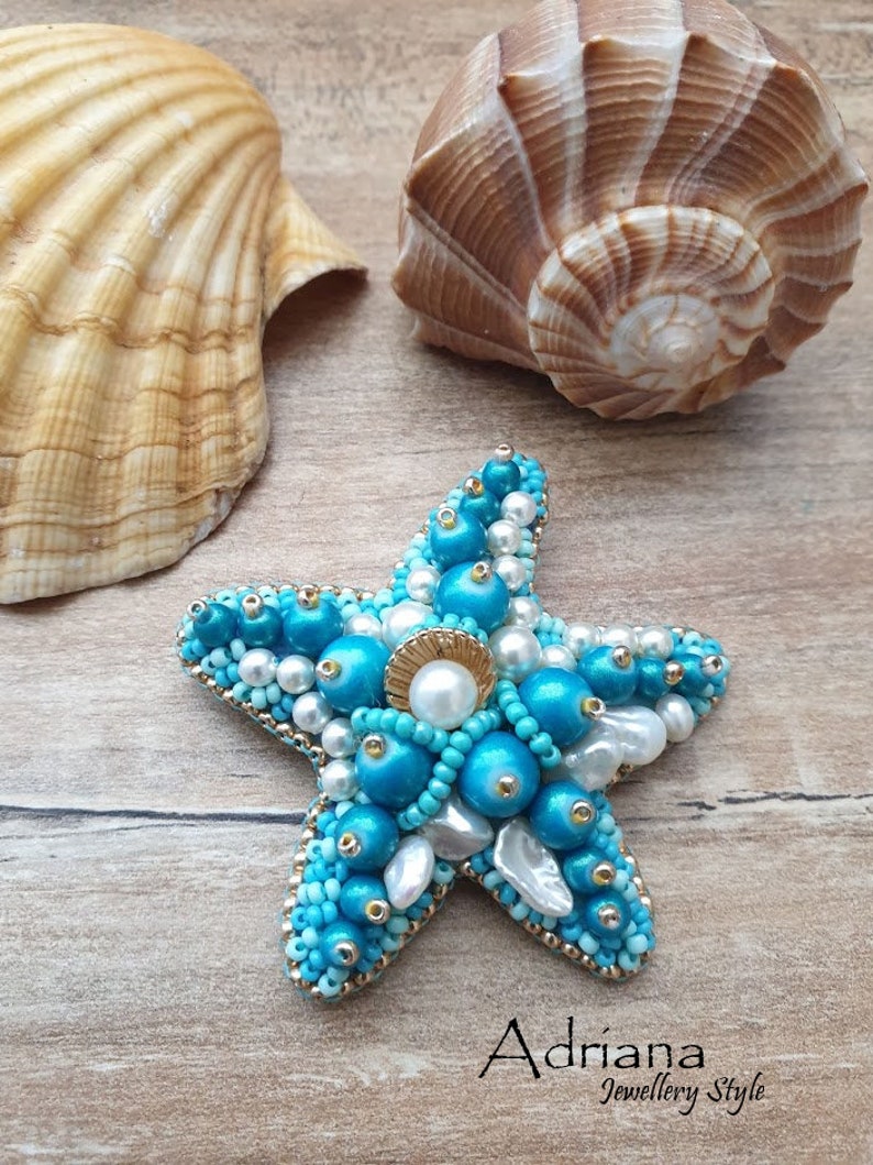 Sea Star Beaded Brooch Turquoise Nautical Brooch Marine | Etsy
